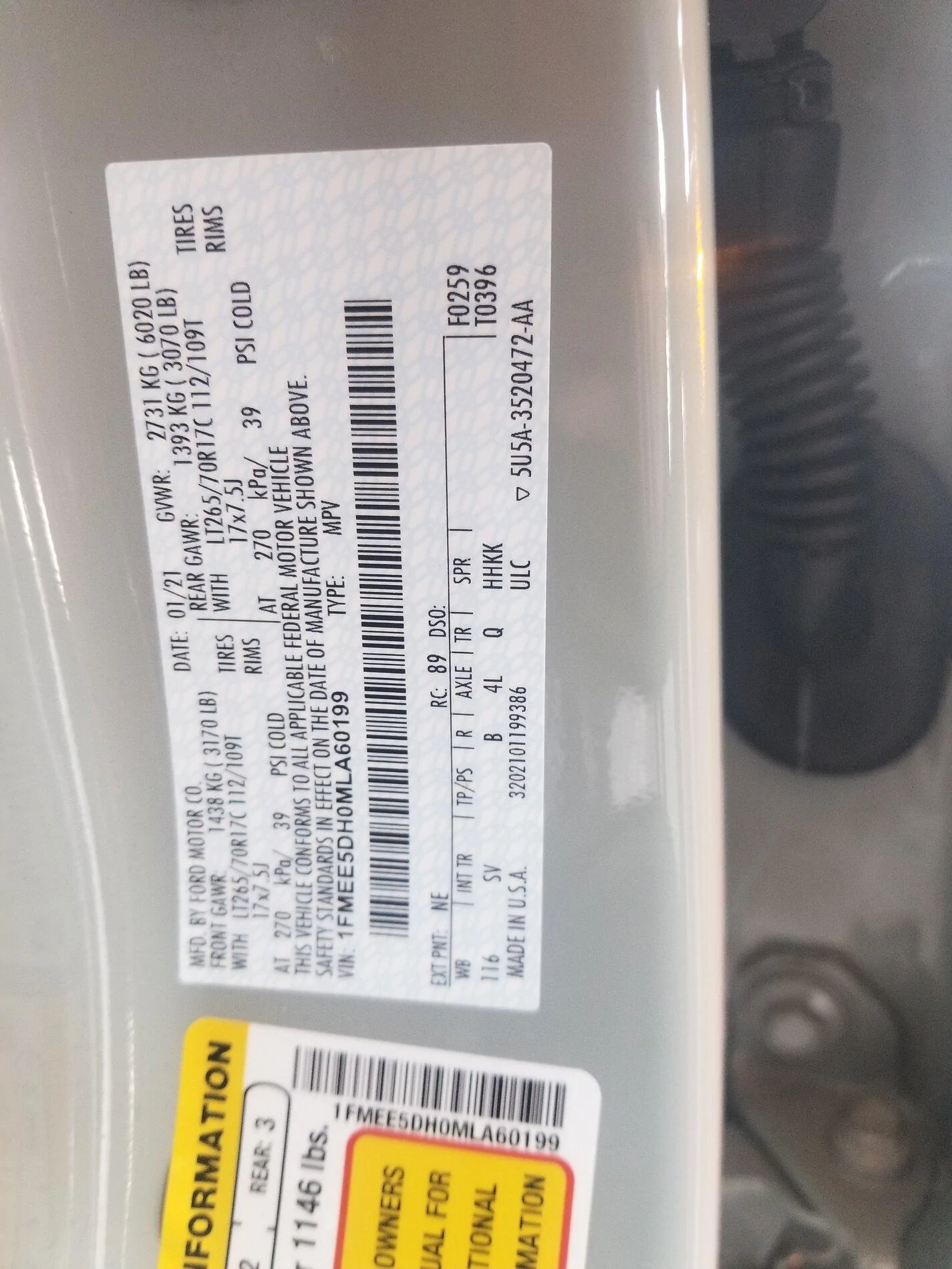Gross vehicle weight (GVWR) sticker tag picture - 4-door Outer Banks ...