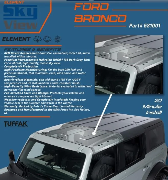 Putco Element Sky View Clear Roof Top for the Ford Bronco | Bronco6G ...